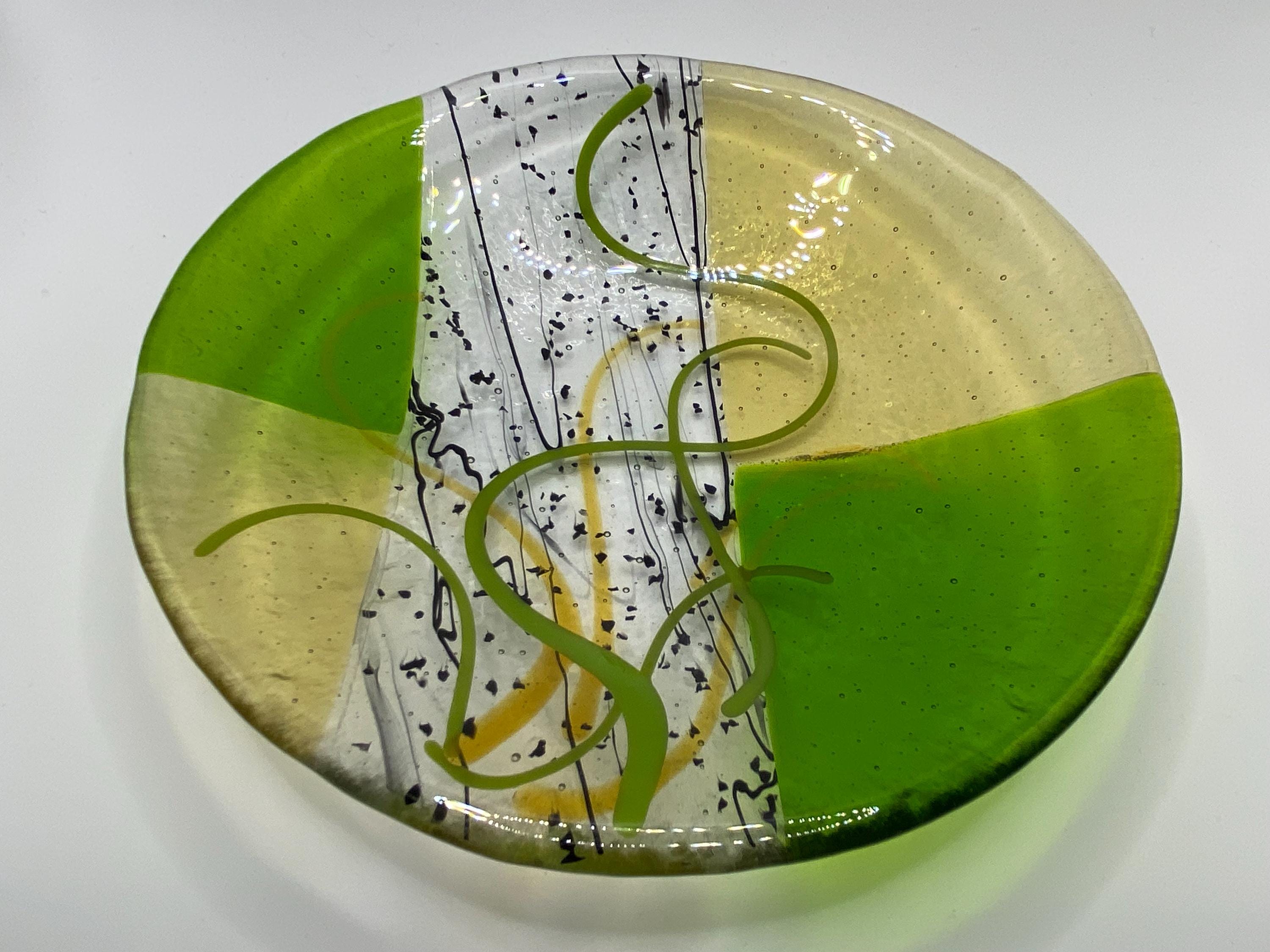 Light Amber, Olive Green, Black Streamer Fused Glass Plate, Decorative ...