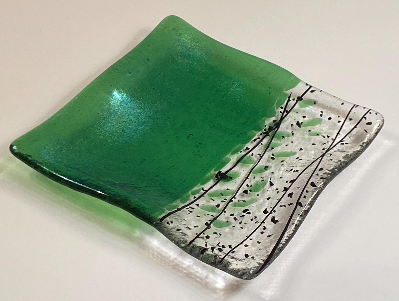 Iridescent Emerald Green and Black Streamer Fused Glass Plate ...