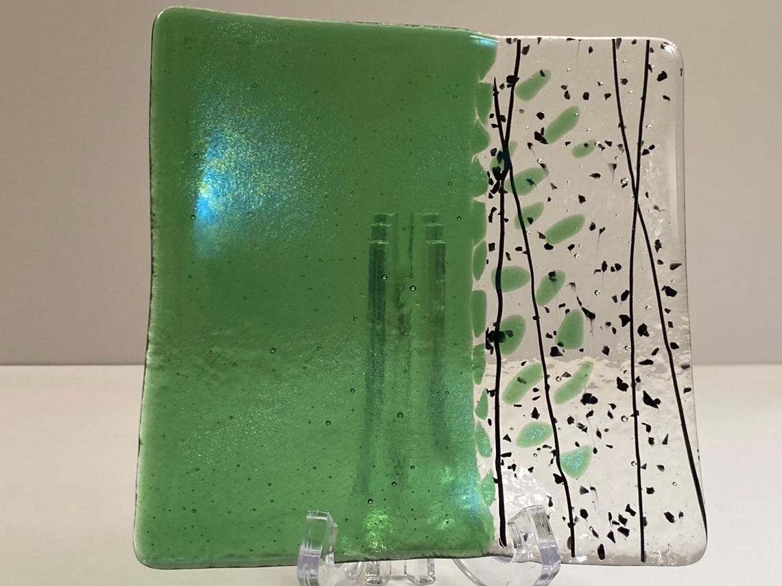 Iridescent Emerald Green and Black Streamer Fused Glass Plate ...