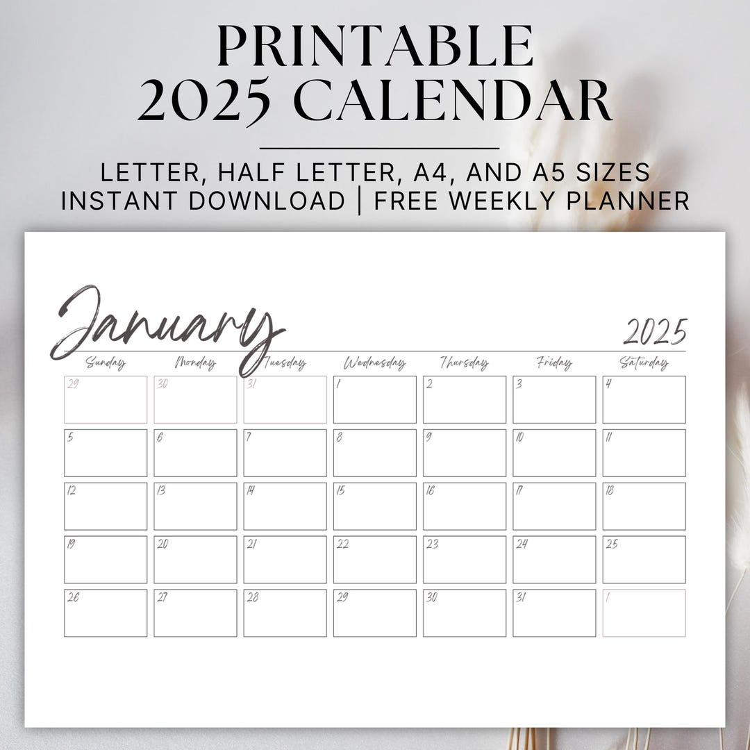 2025 Minimalist Monthly Printable Calendar, A4, A5, Letter Size, Half ...