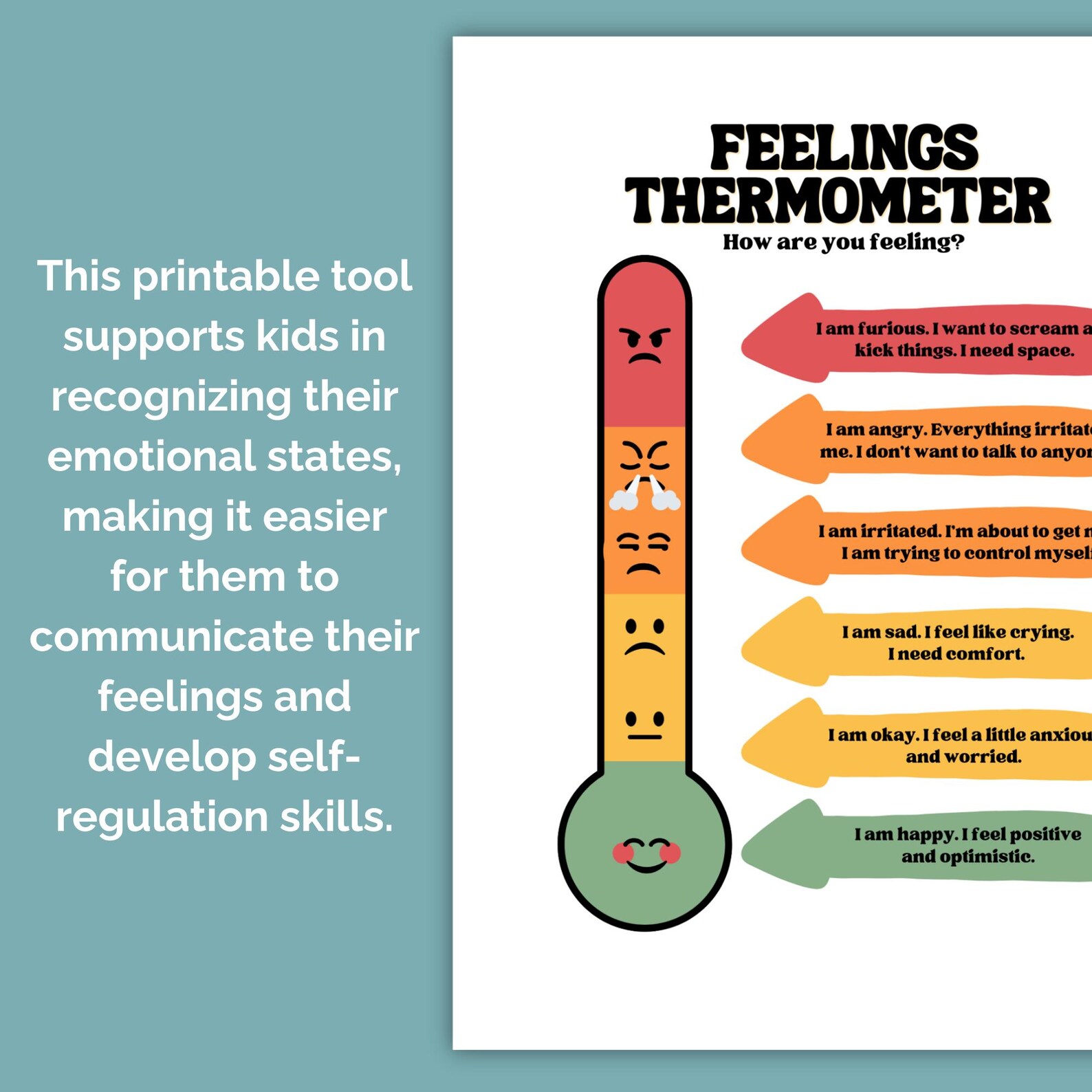 Feelings Thermometer Printable, Wall Art, Zones of Regulation, Children ...
