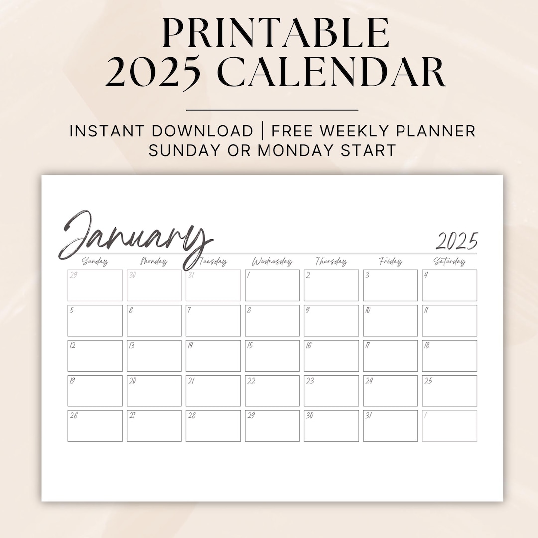 2025 Minimalist Monthly Printable Calendar, Monday or Sunday Start ...