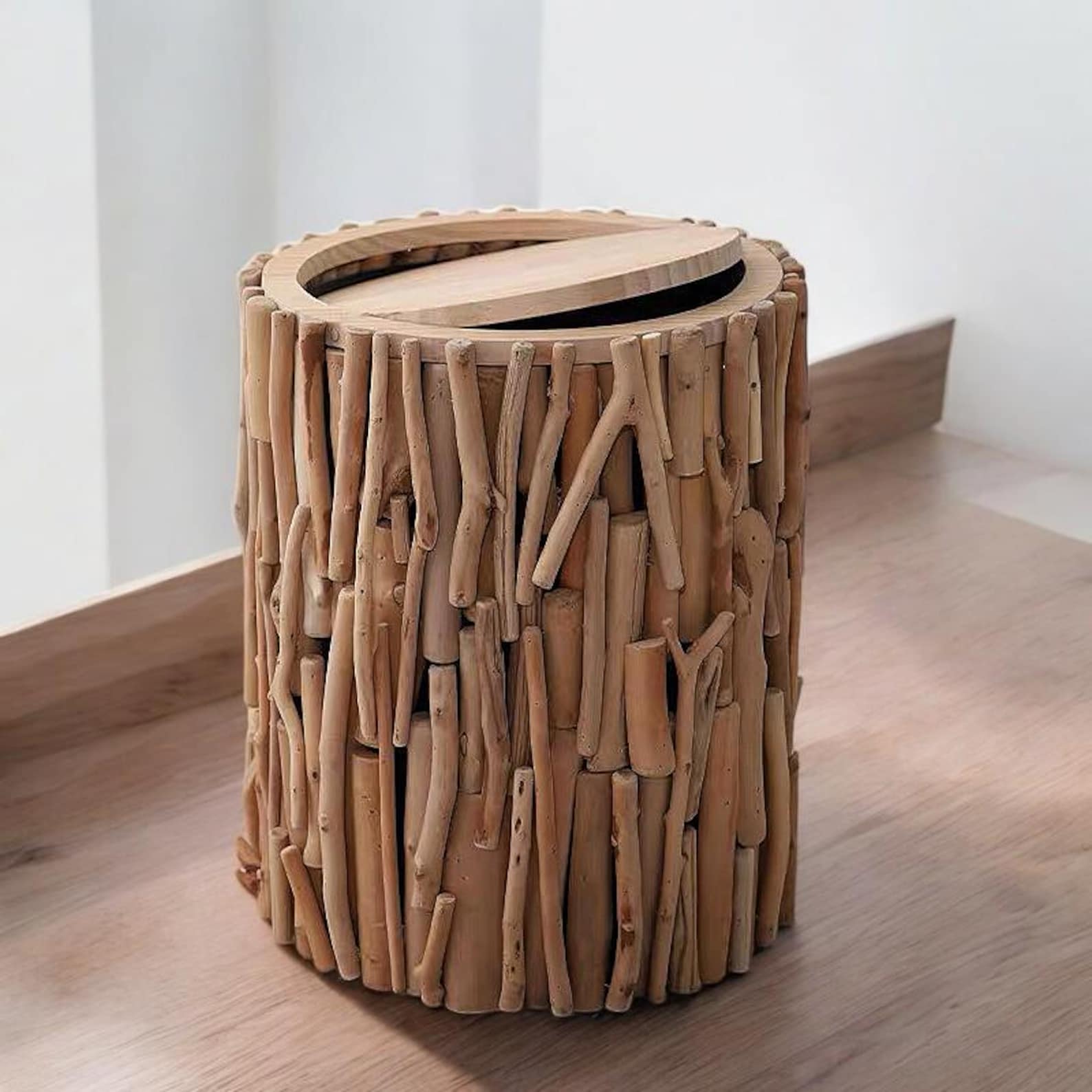Scandinavian Wood Branch Trash Bin, Wabi-sabi Hidden Trash Can, Nordic ...