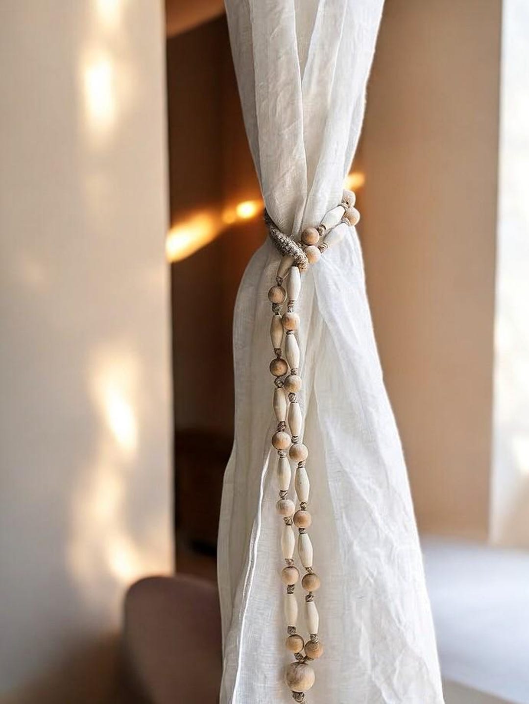 Hand Carved Wooded Beads Curtain Tieback, Rustic Curtain Holdbacks ...