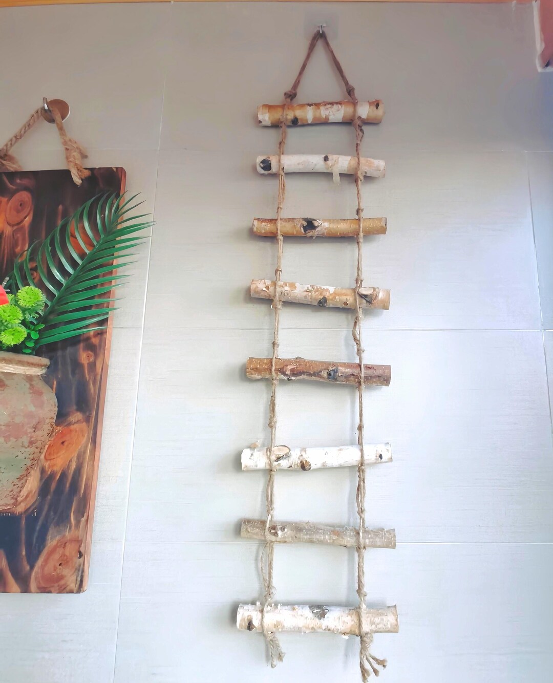 Rustic Wooden Ladder, Modern Birch Wood Rungs, Organic Wood Wall ...