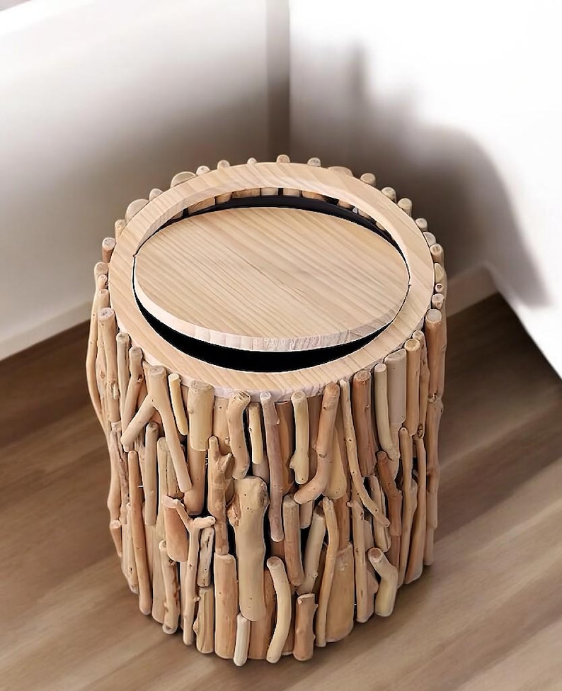 Scandinavian Wood Branch Trash Bin, Wabi-sabi Hidden Trash Can, Nordic ...