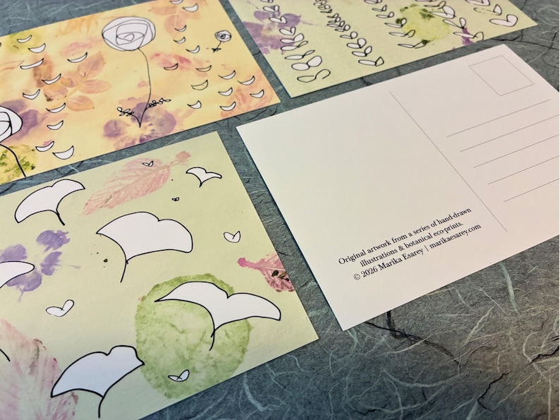Botanical Postcard Set | Line Art, Eco-print Fairy Garden Designs (4 or ...