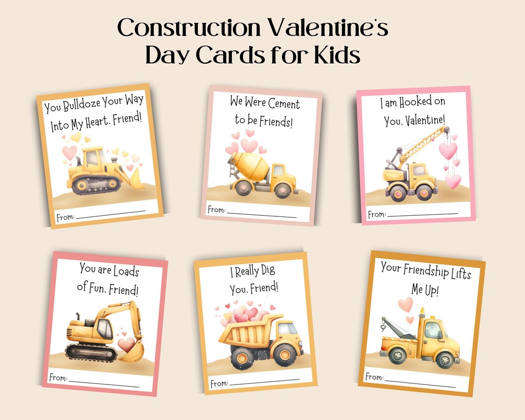Printable Construction Vehicle Valentine's Day Cards, Printable ...