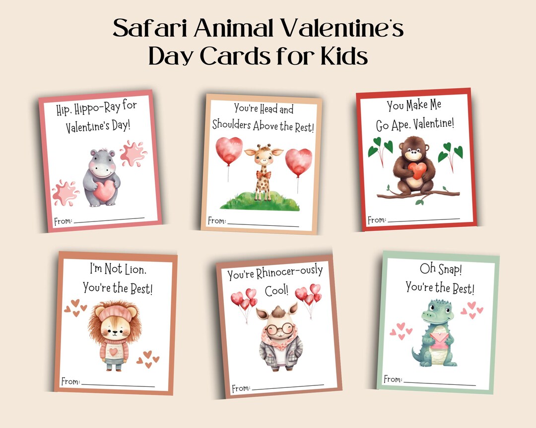 Printable Safari Animal Valentine's Day Cards, Printable Valentine ...