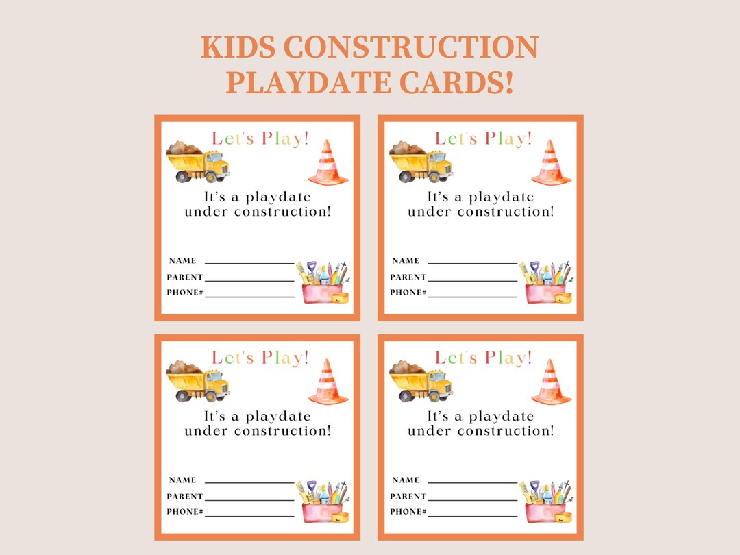 Construction Playdate Card, Kids Calling Card, Keep in Touch Cards ...