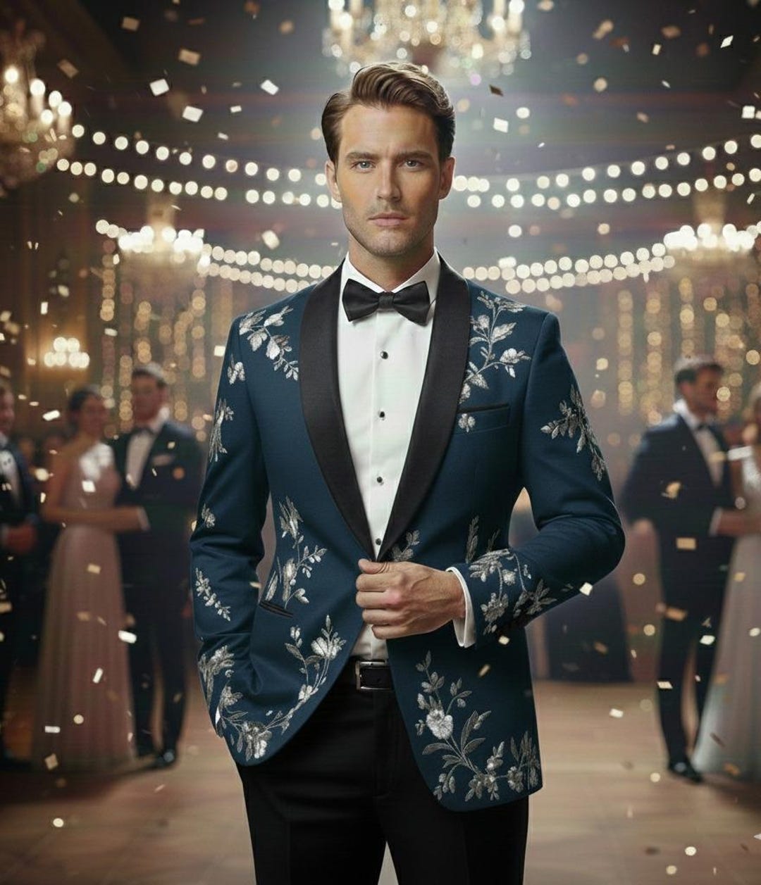 Teal Floral Embroidered Tuxedo Jacket | Black Lapel Groom Suit - Etsy