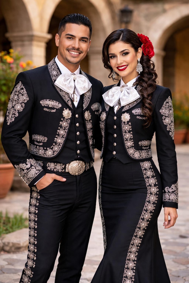 Black Mariachi Couple Suit – Silver Embroidered Charro Wedding Outfit ...