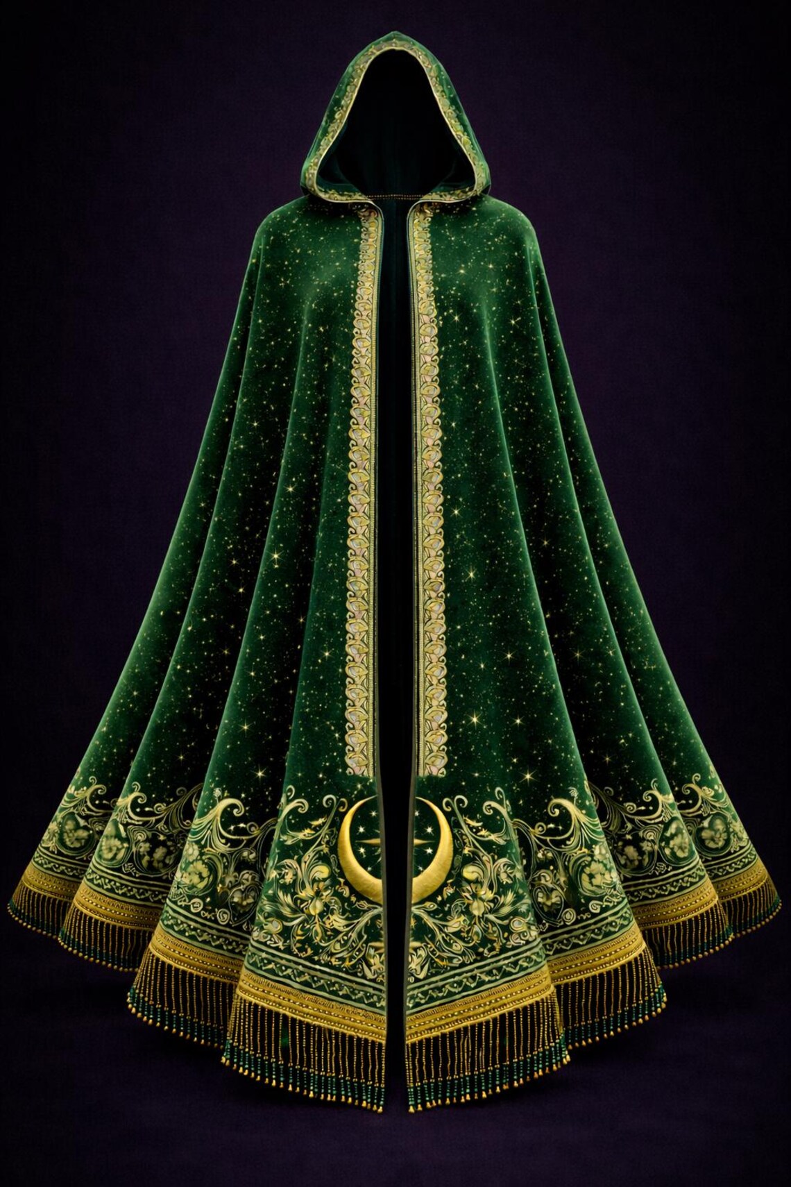 Emerald Green Velvet Hooded Cloak | Gold Embroidery, Celestial Cape - Etsy