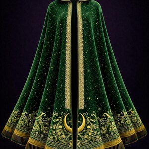 Emerald Green Velvet Hooded Cloak | Gold Embroidery, Celestial Cape - Etsy