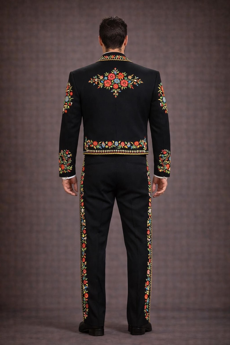 Black Floral Embroidered Mariachi Suit for Men, Charro Embroidery ...