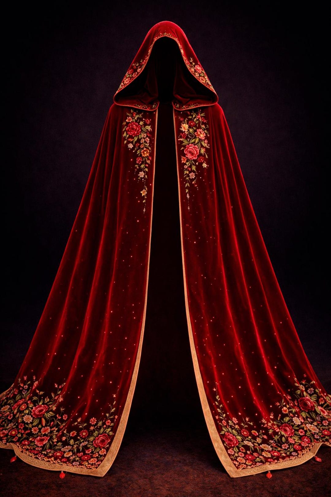 Red Velvet Hooded Cloak – Embroidered Floral Gothic Cape - Etsy