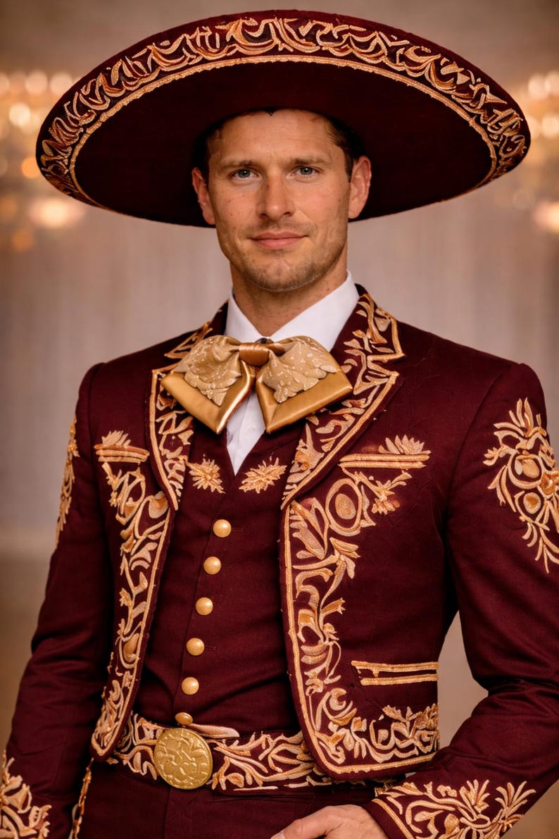 Handmade Maroon Mariachi Suit | Gold Embroidered Charro Outfit - Etsy