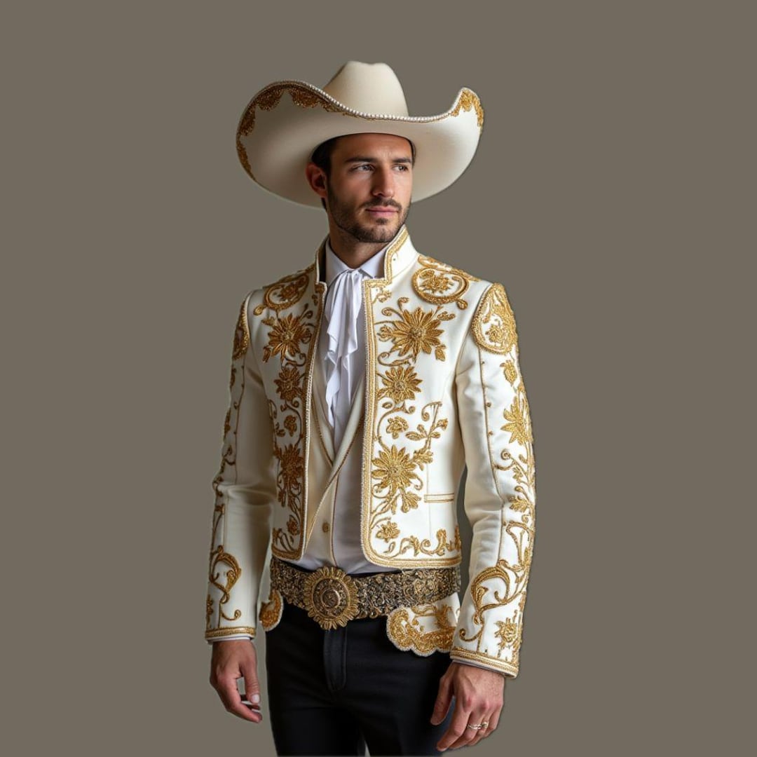 Men Ivory Cotton Tailored Matador Jacket Hand Made Gold Embroidered ...