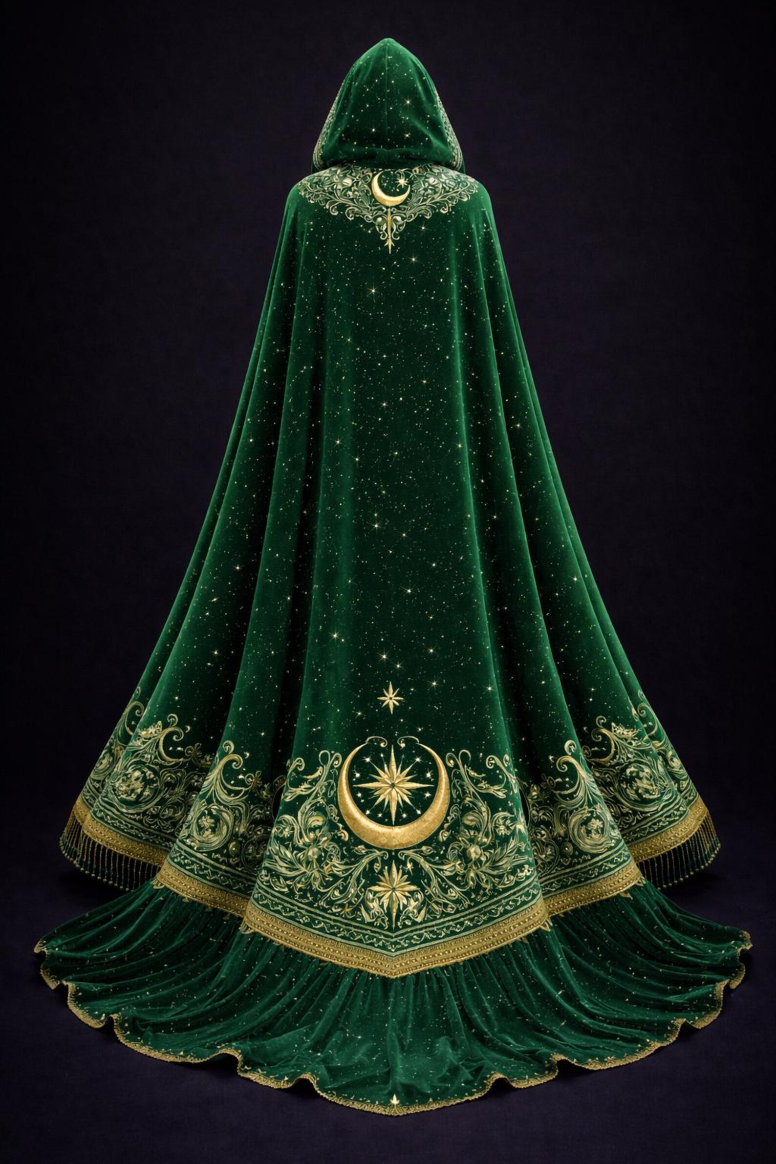 Emerald Green Velvet Hooded Cloak | Gold Embroidery, Celestial Cape - Etsy