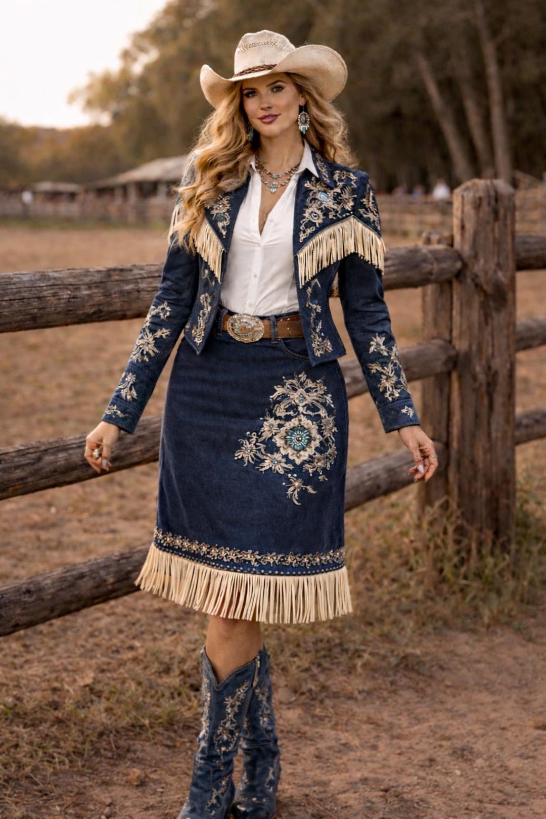 Embroidered Denim Cowgirl Skirt Set, Fringe Western Jacket, Rodeo ...