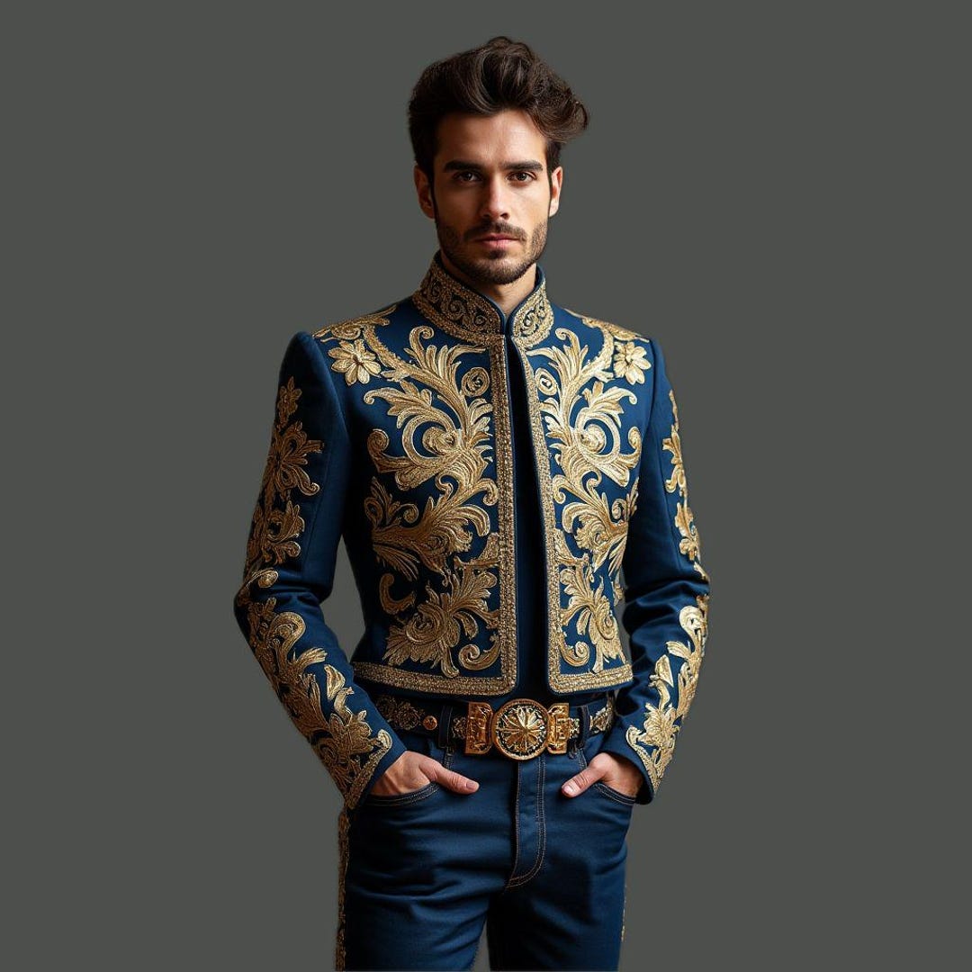 Men Blue Cotton Custom Matador Jacket Gold Embroidered Matador Bull ...