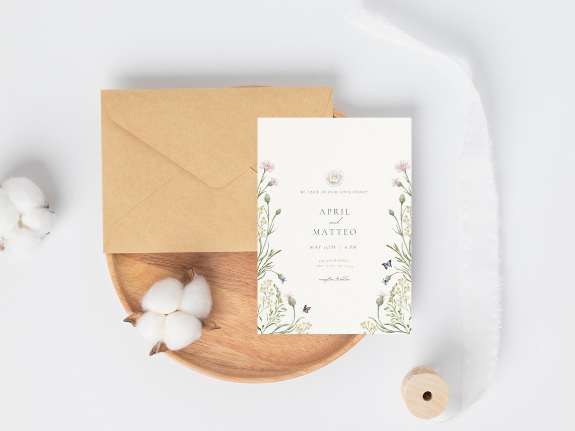 Wildflower Wedding Invitation, Pastel Floral Wedding Invitation ...