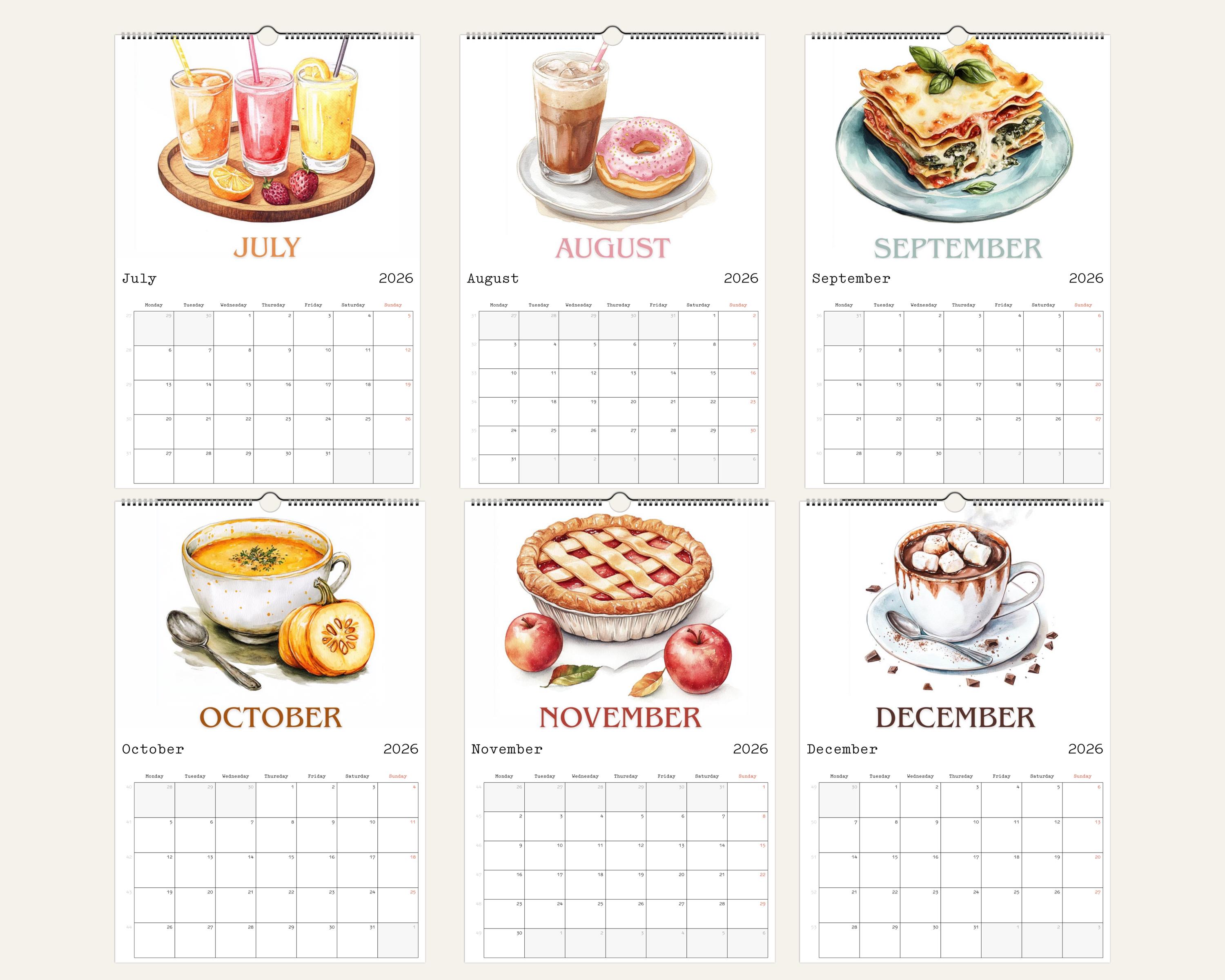 Watercolor Food Wall Calendar 2026 | Cozy Kitchen Art Calendar ...