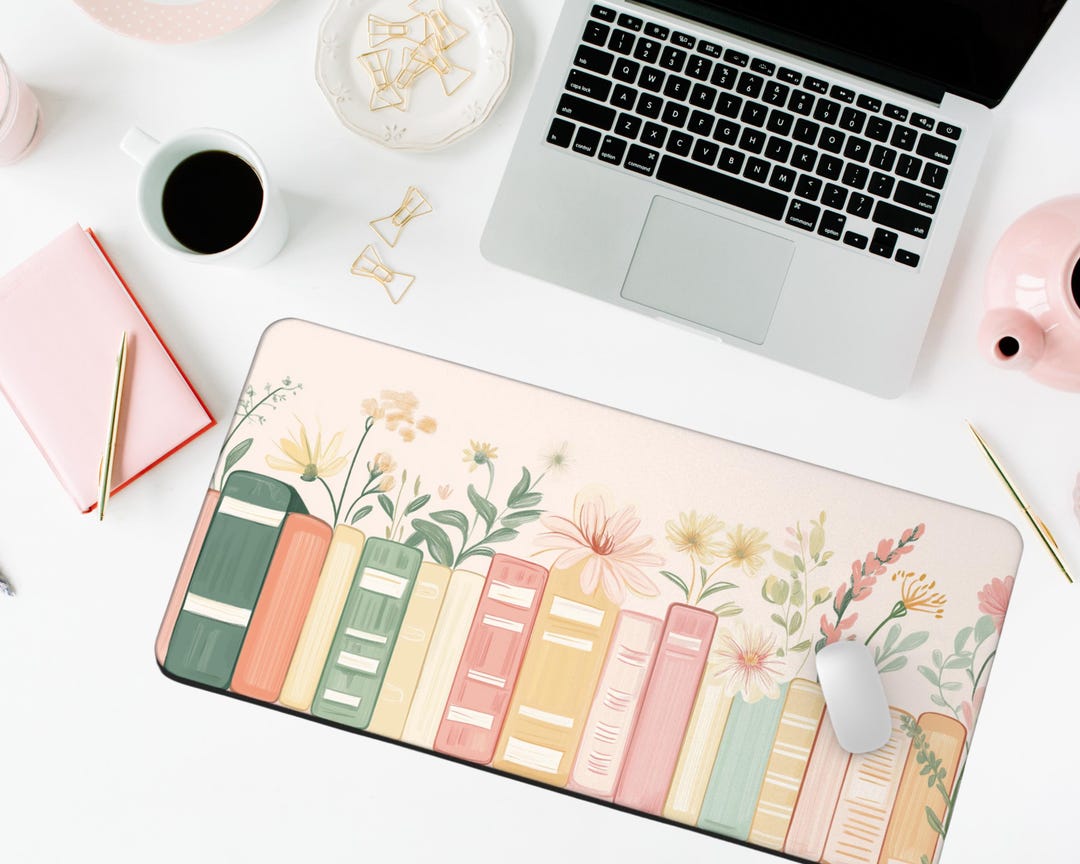 Floral Books Desk Mat-pastel Colors With Books & Flowers, Aesthetic ...