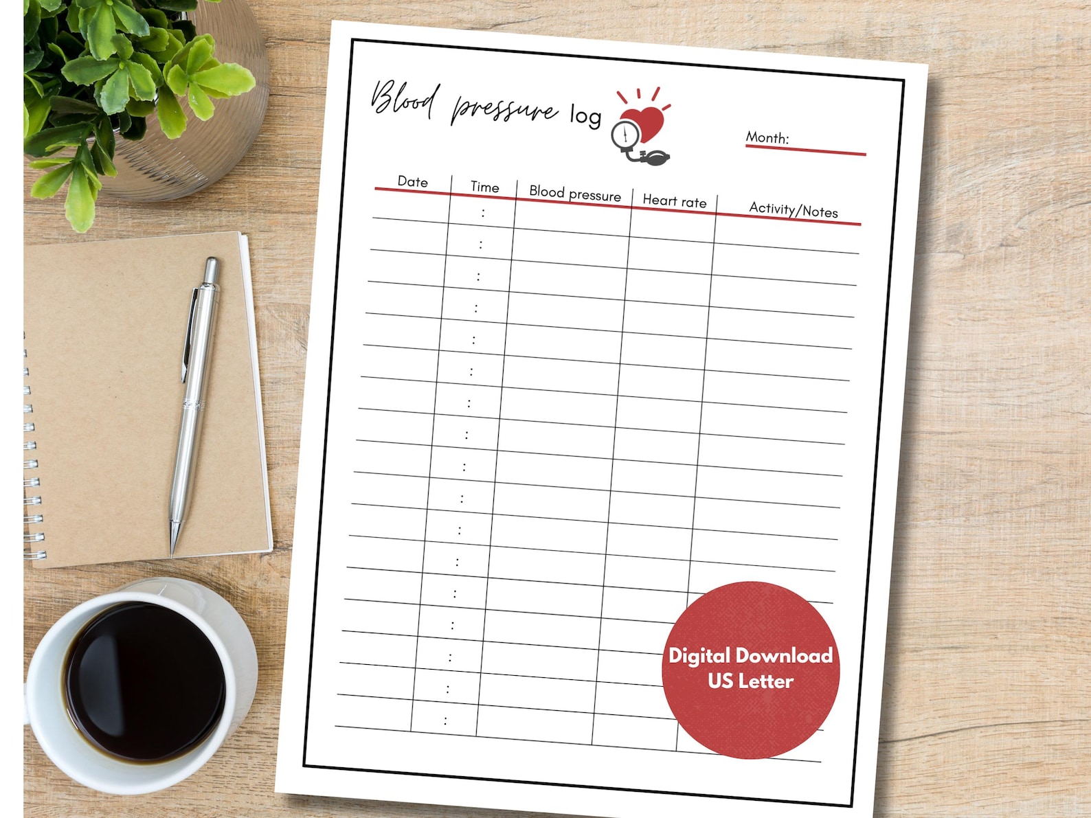 Printable Daily Blood Pressure Tracker, High Blood Pressure Log, Heart ...