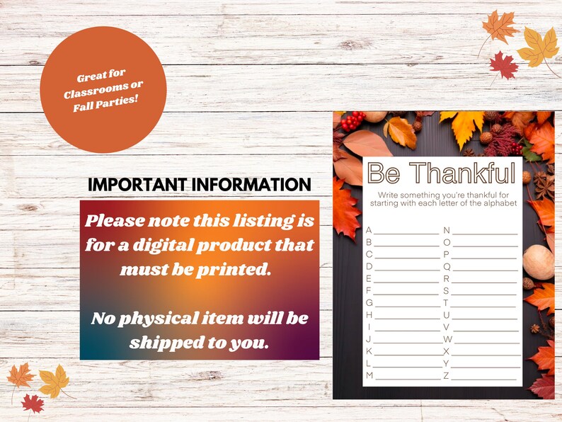 I’m Thankful Alphabet Thanksgiving Classroom Fall Party Game Worksheet ...