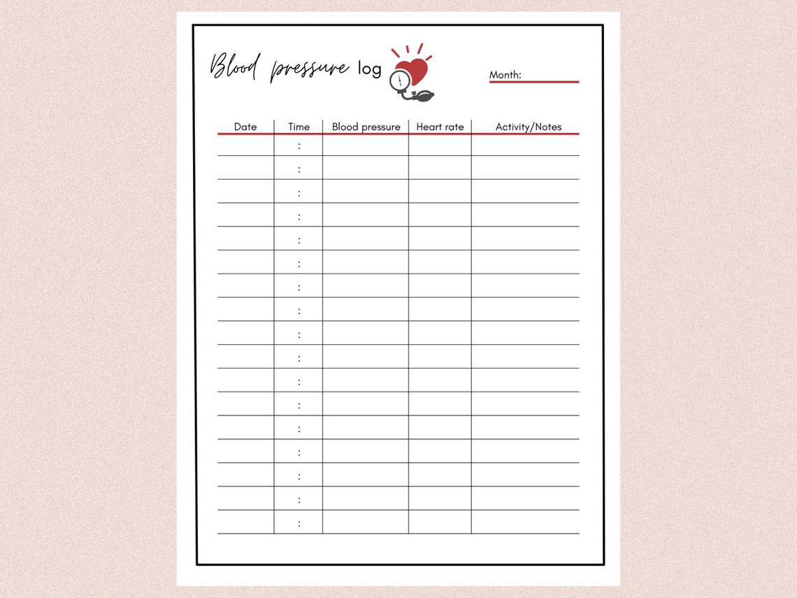 Printable Daily Blood Pressure Tracker, High Blood Pressure Log, Heart ...
