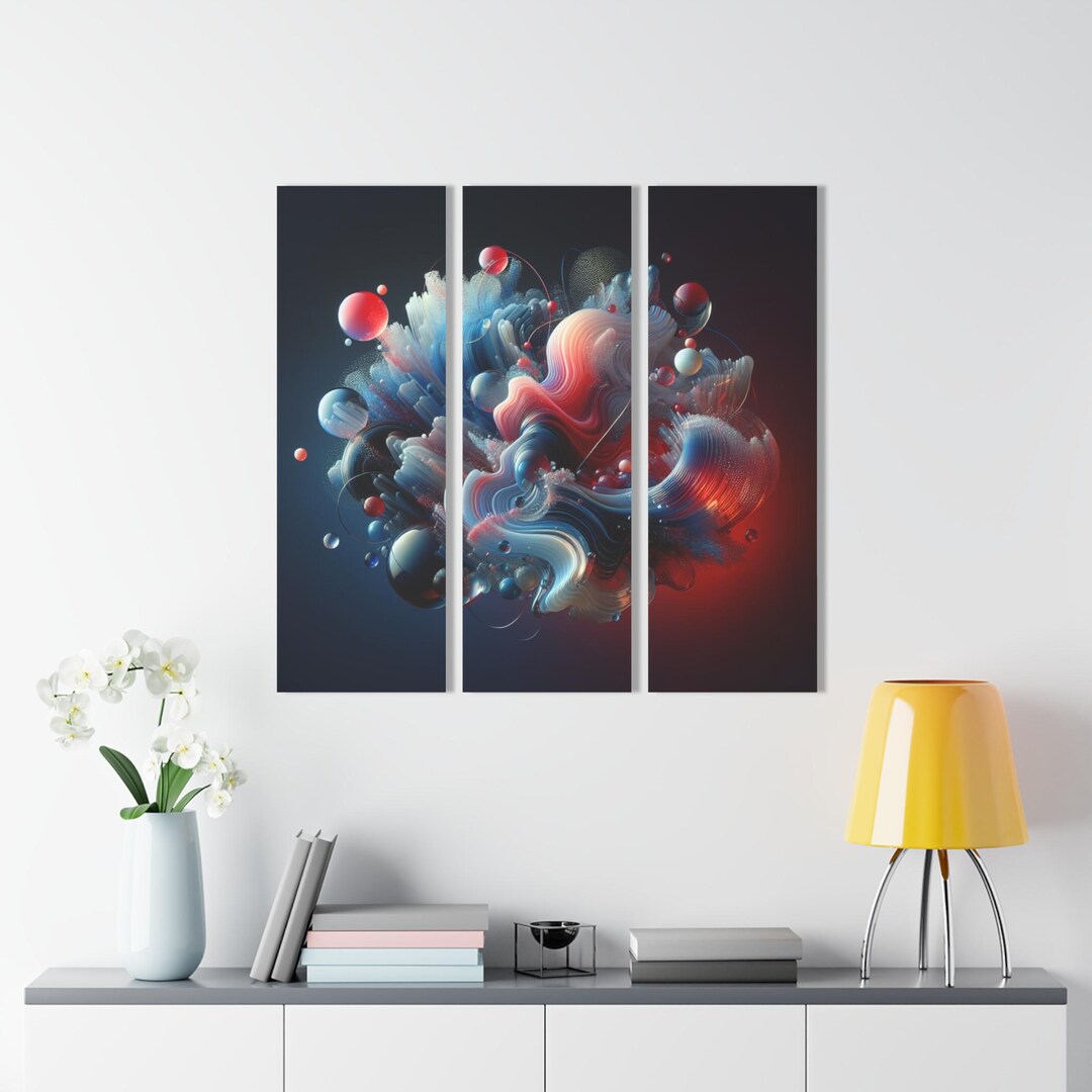 Vibrant Acrylic Triptych Bold Fluid Abstract Artwork in Rich Red, Blue, and White Tones, Unique ...