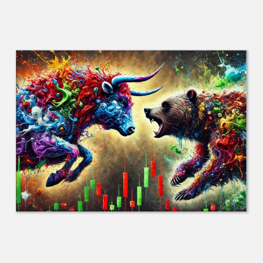 Vibrant Colorful Wall Street Wall Art With a Bull Vs Bear, Stock Market ...