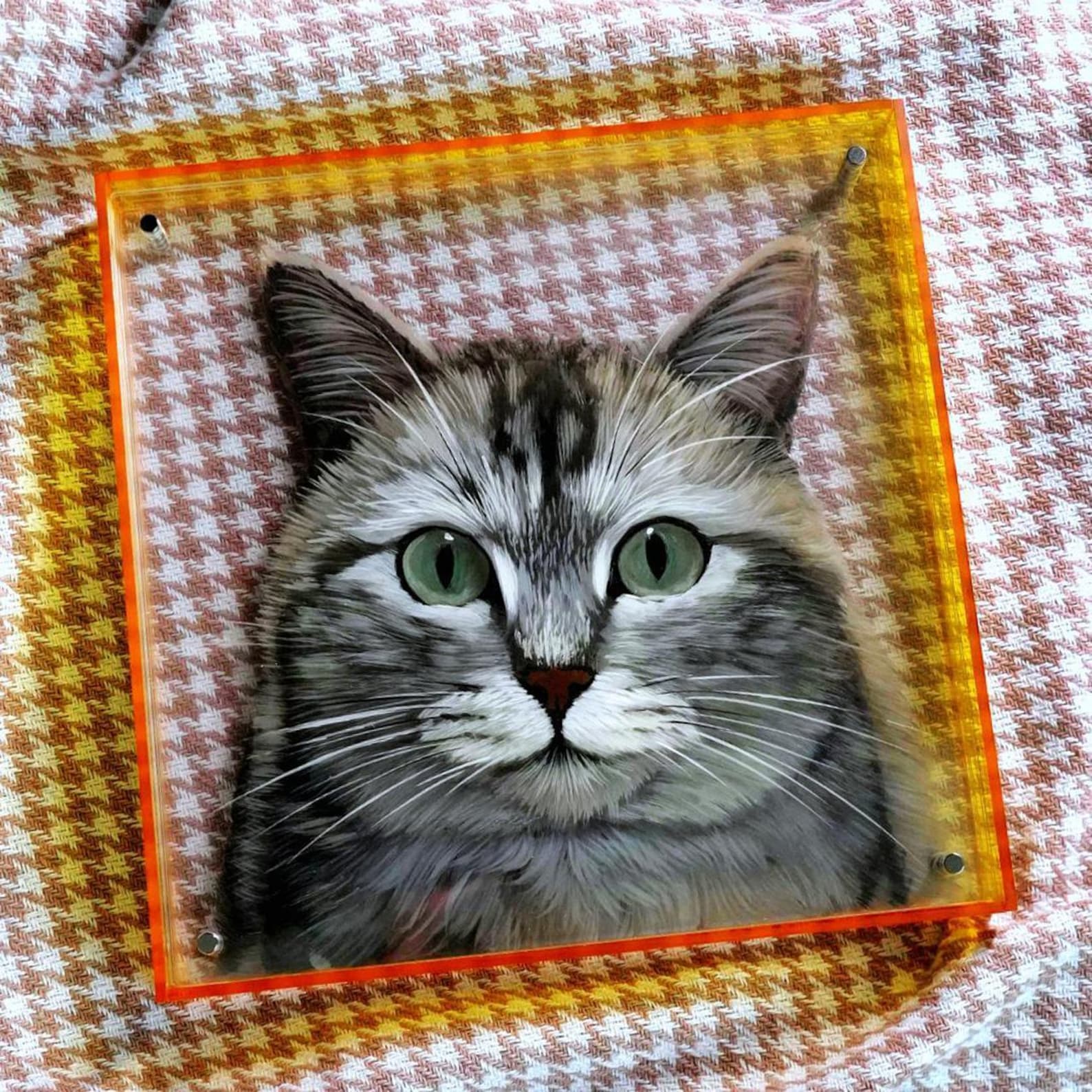 Hand Painted 3D Layered Glass Pet Portrait, Custom Cat Memorial Artwork ...