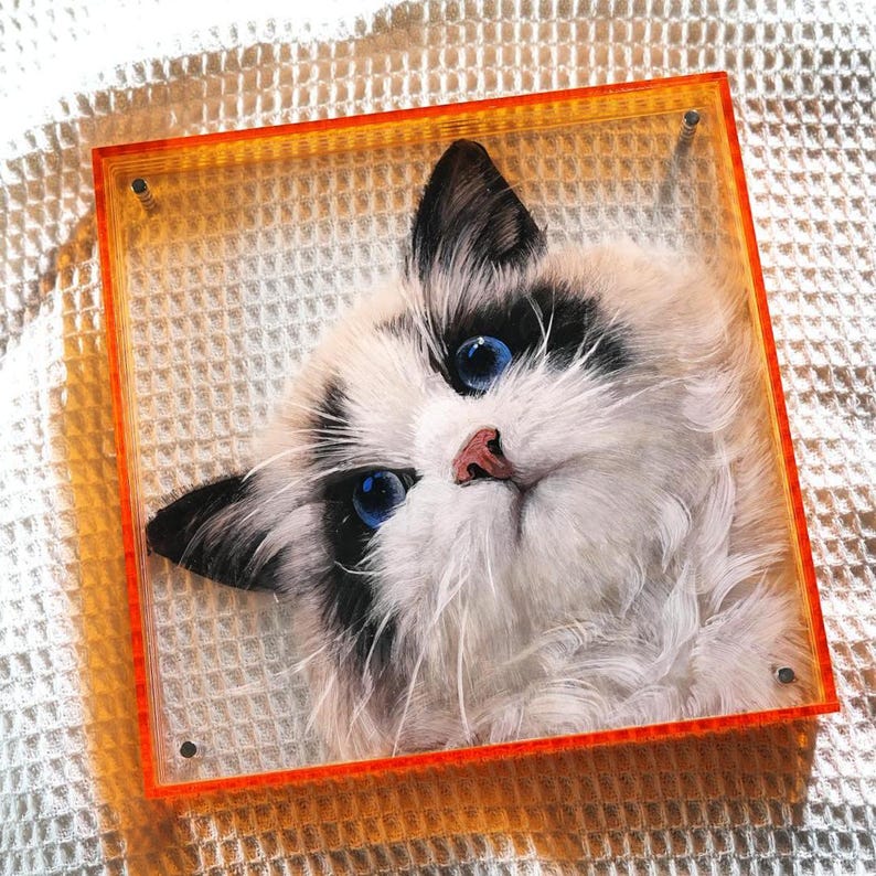 Hand Painted 3D Layered Glass Pet Portrait, Custom Cat Memorial Artwork ...