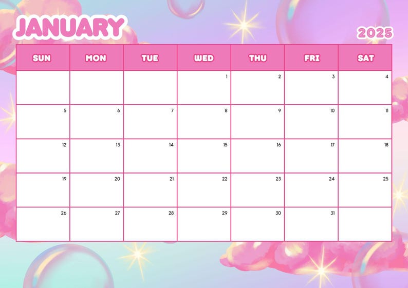 Pink Purple Pastel Cute Dreamy 2025 Wall Calendar, Landscape, Printable ...