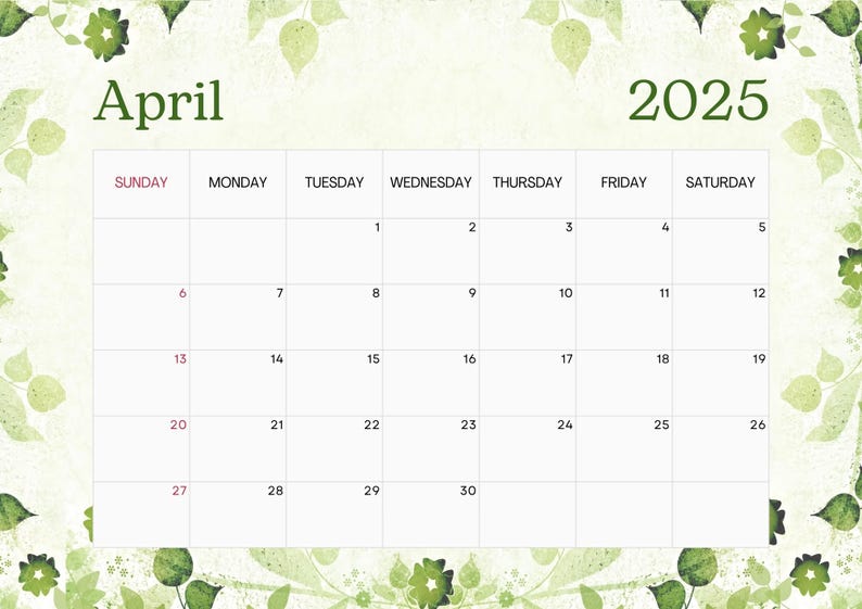 Green Watercolor Floral Aesthetic 2025, Landscape, Printable Calendar ...