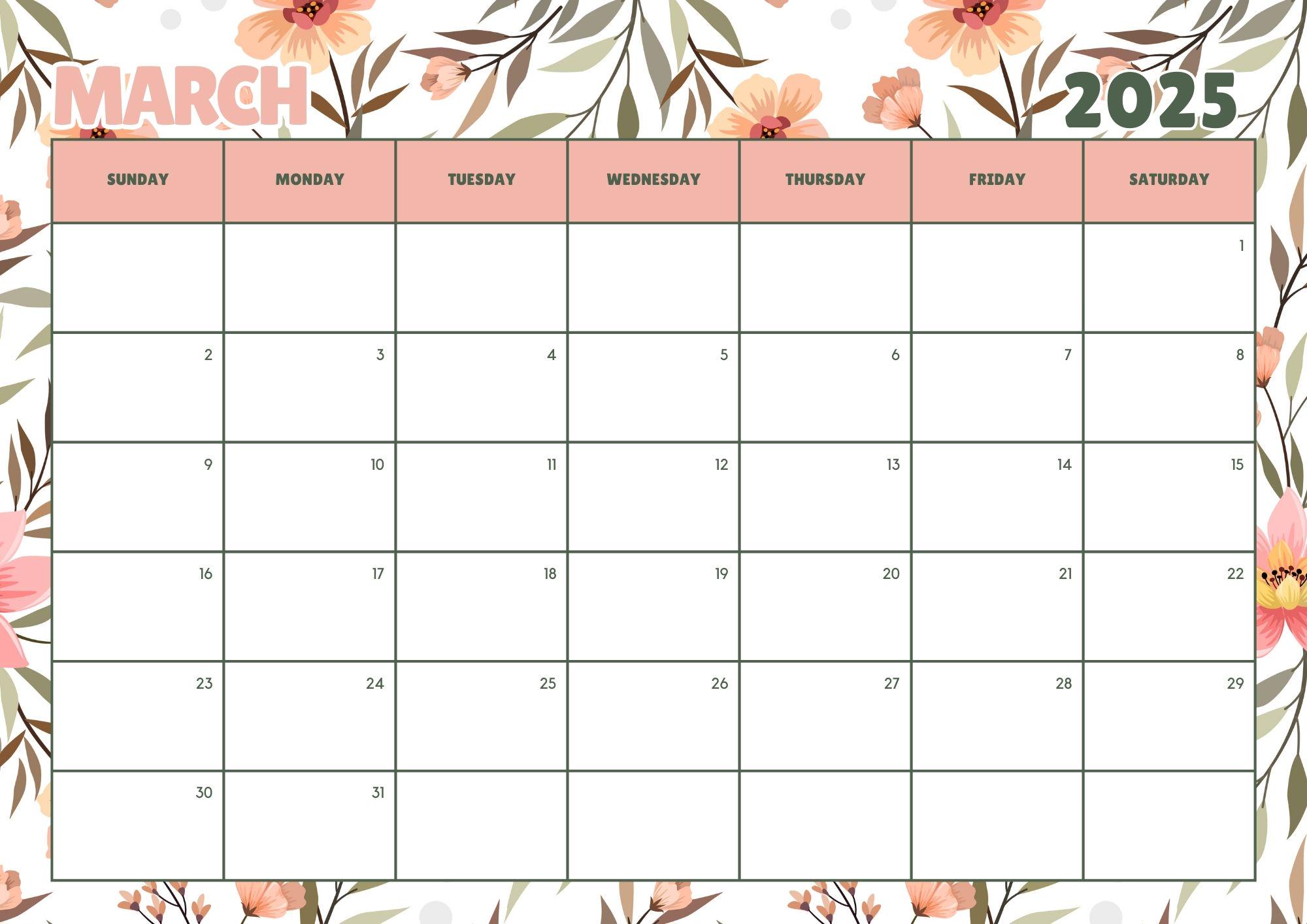 Flower Pink and White Monthly Wall Calendar 2025, Landscape, Printable ...