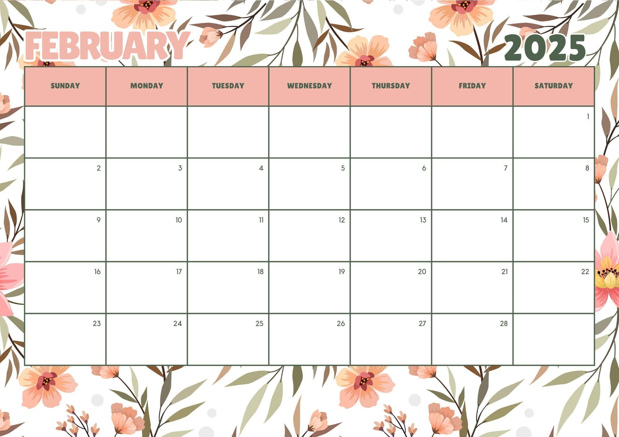 Flower Pink and White Monthly Wall Calendar 2025, Landscape, Printable ...
