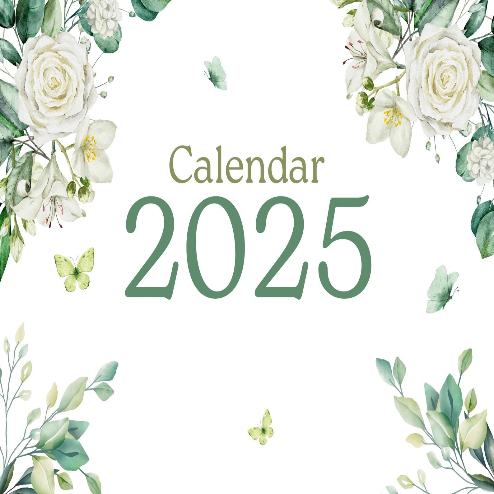 Green Watercolor Floral Aesthetic 2025, Landscape, Printable Calendar ...