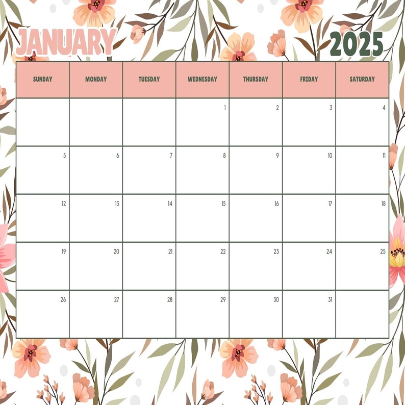 Flower Pink and White Monthly Wall Calendar 2025, Landscape, Printable ...