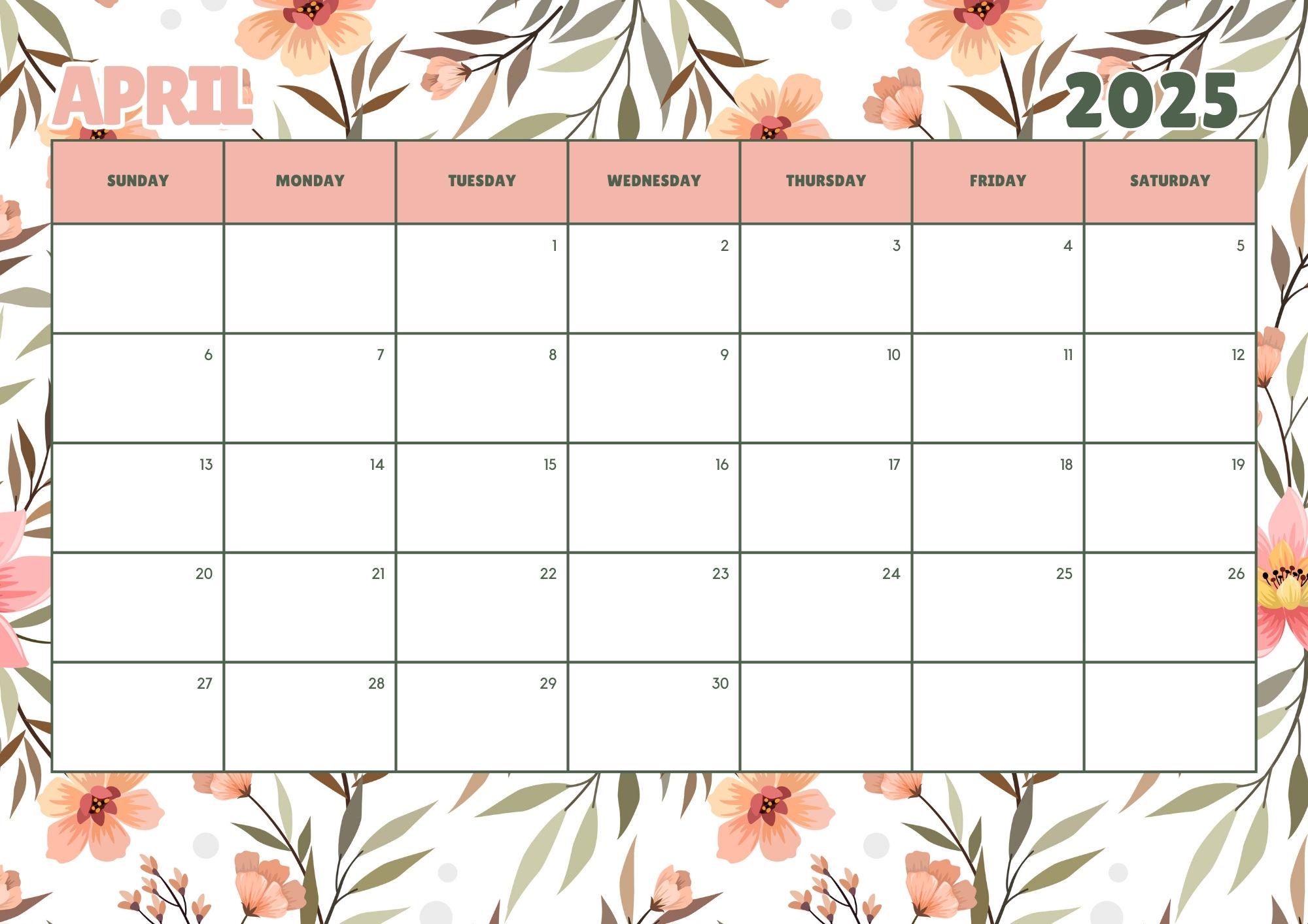 Flower Pink and White Monthly Wall Calendar 2025, Landscape, Printable ...