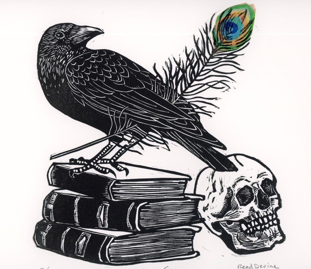 Shakespeare Crow With Peacock Feather and Skull Original Linocut Print ...