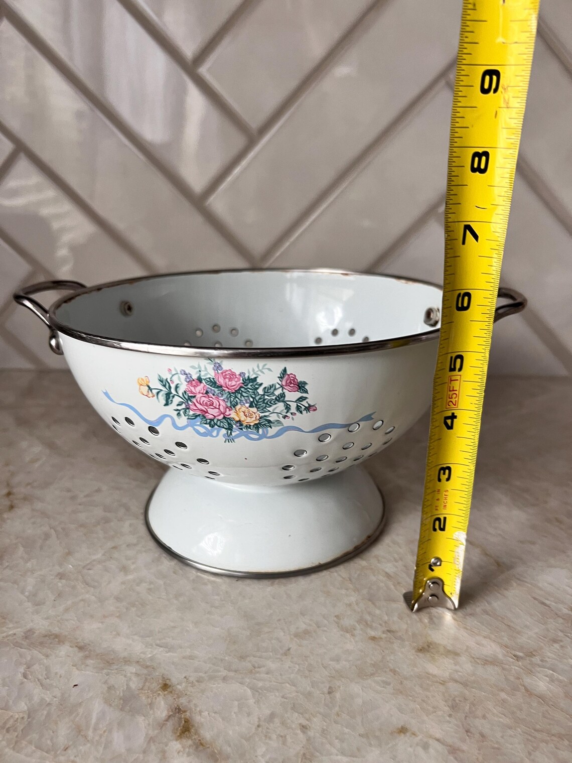 Vintage White Enamel Colander Pedestal Style With Lovely Flowers Pasta ...