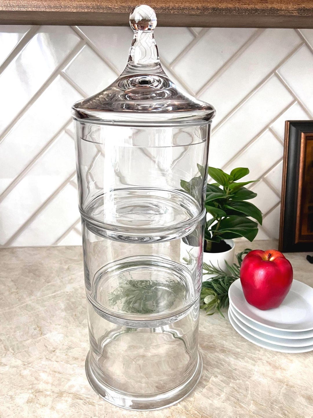 Vintage Glass Apothecary Jar Trio | Stackable Candy Bell Jars With Lid ...