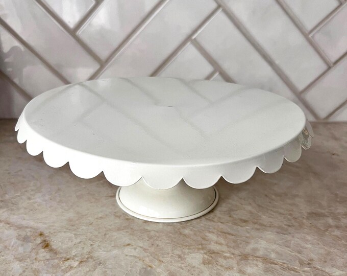 Vintage White Metal Cake Stand With Scalloped Edge | Retro Pedestal ...