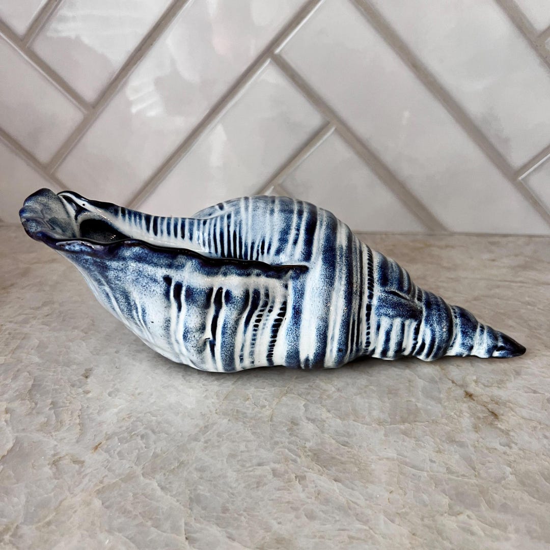 Hand Painted Large Blue Ceramic Conch Shell | Decorative Table ...