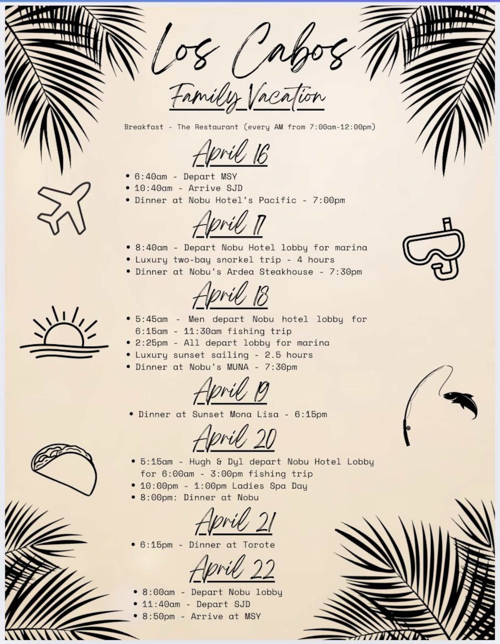 Beach Vacation Itinerary - Black, White, Tan With Palm Trees - 7-day ...