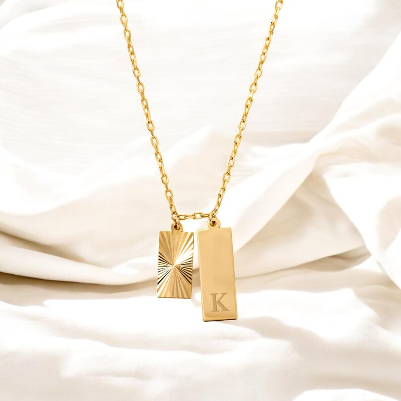 14K Gold Bar Pendant Necklace, Double Rectangle Layered Necklace, Personalized Initial Engraved ...