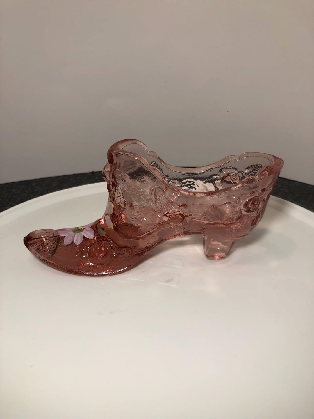 Vintage Fenton Pink Cabbage Rose Glass Slipper Shoe Hand Painted Signed ...